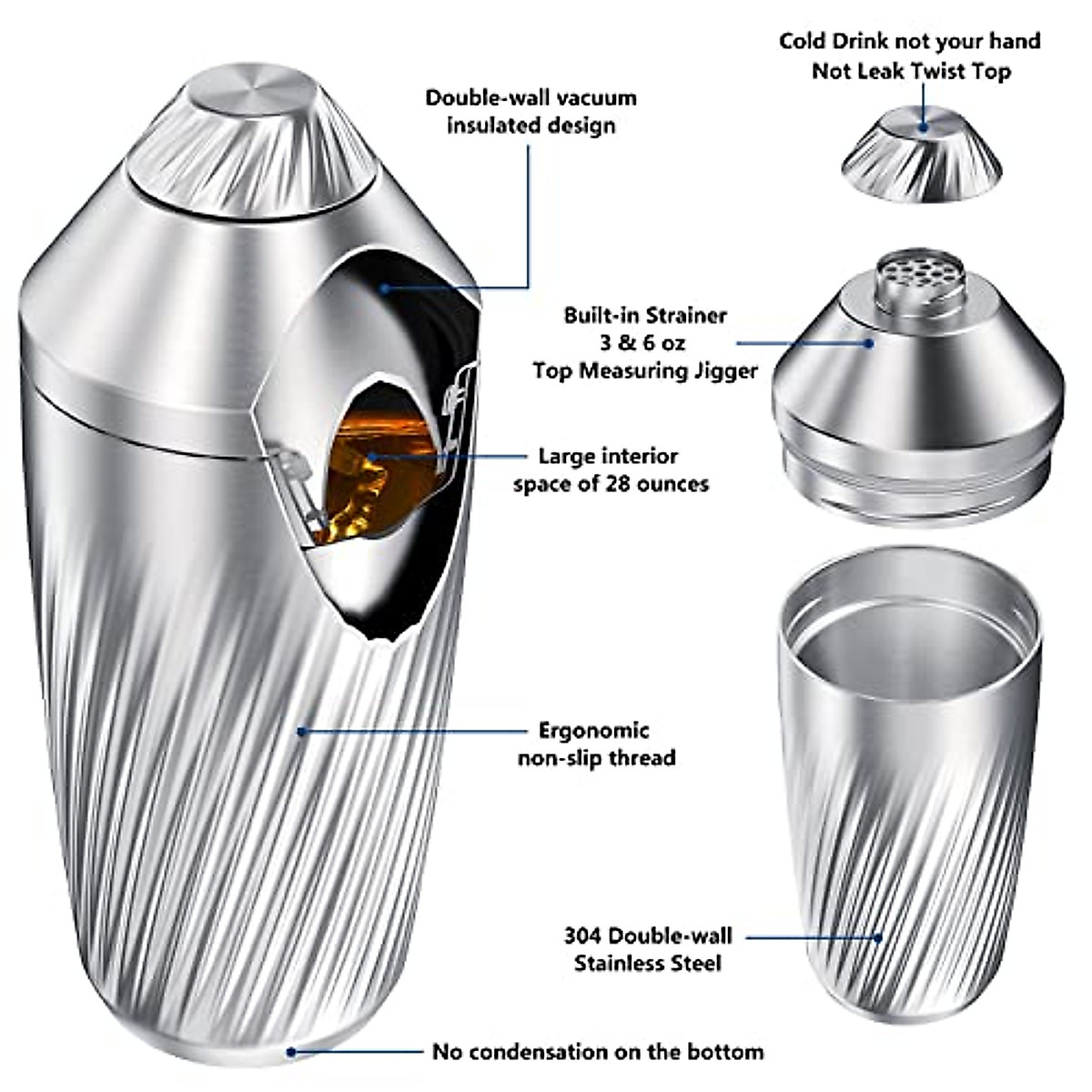 Cocktail Shaker Bar Set - Innovative Premium Vacuum Insulated Stainless Steel Drink Shaker Double Wall Margarita Mixer Jigger & Mixing Spoon Set - Martini Shaker for Home Bartender - 28oz