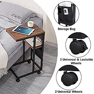 YILFANA C Shaped End Table with Charging Station, C Shaped Side Table with Storage and Lockable Wheels, C Table with USB Ports & Power Outlets, for Living Room, Bedroom, Brown