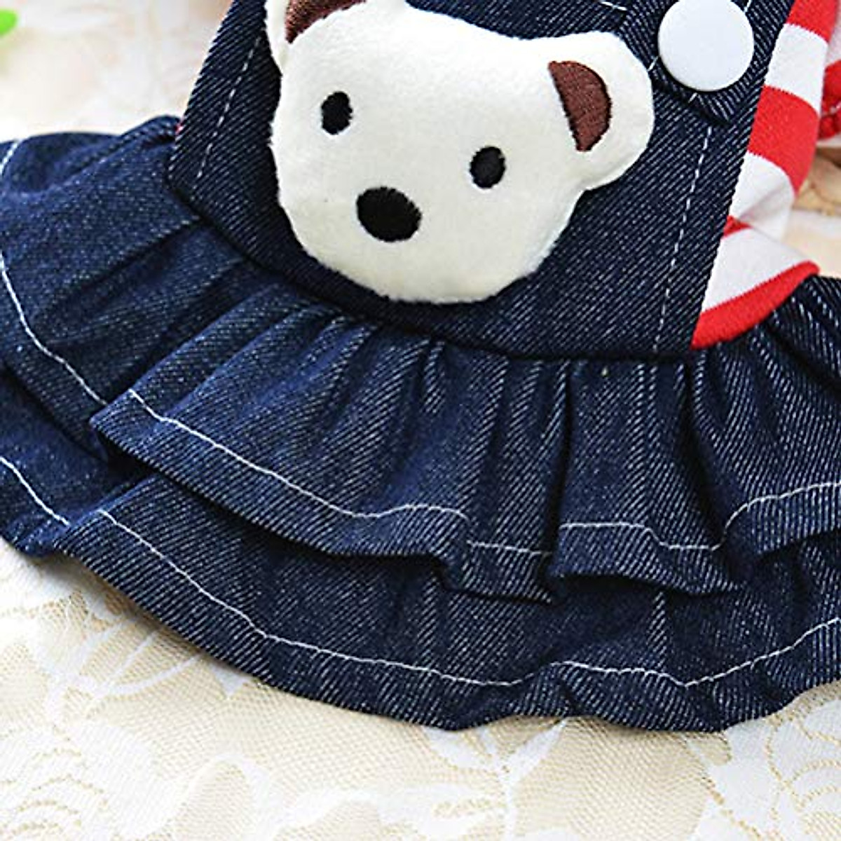 POPETPOP Denim Dog Dress - Cute Red Stripe Plush Bear Cowboy Pet Skirt, Pet Clothes for Small Medium Large Dogs Puppy, Pet Costumes