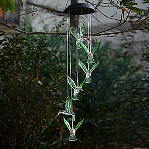 Chasgo Solar Hummingbird Wind Chime Color Changing Solar Mobile Wind Chime Outdoor Mobile Hanging Patio Light