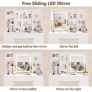 IRONCK Vanity Desk with LED Sliding Mirror & Power Outlet, Large Bedroom Makeup Table with Drawers & Cabinet & Storage Shelves & Stool, White