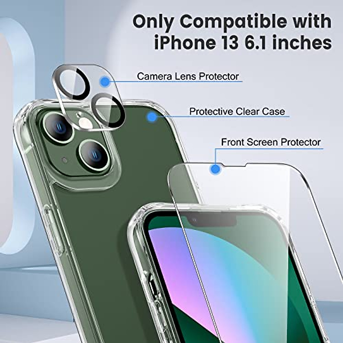Maxdara [3 in 1 for iPhone 13 Case Clear, with Tempered Glass Screen Protectors + Camera Lens Protectors Slim Thin Shockproof Case for iPhone 13 6.1 Inch