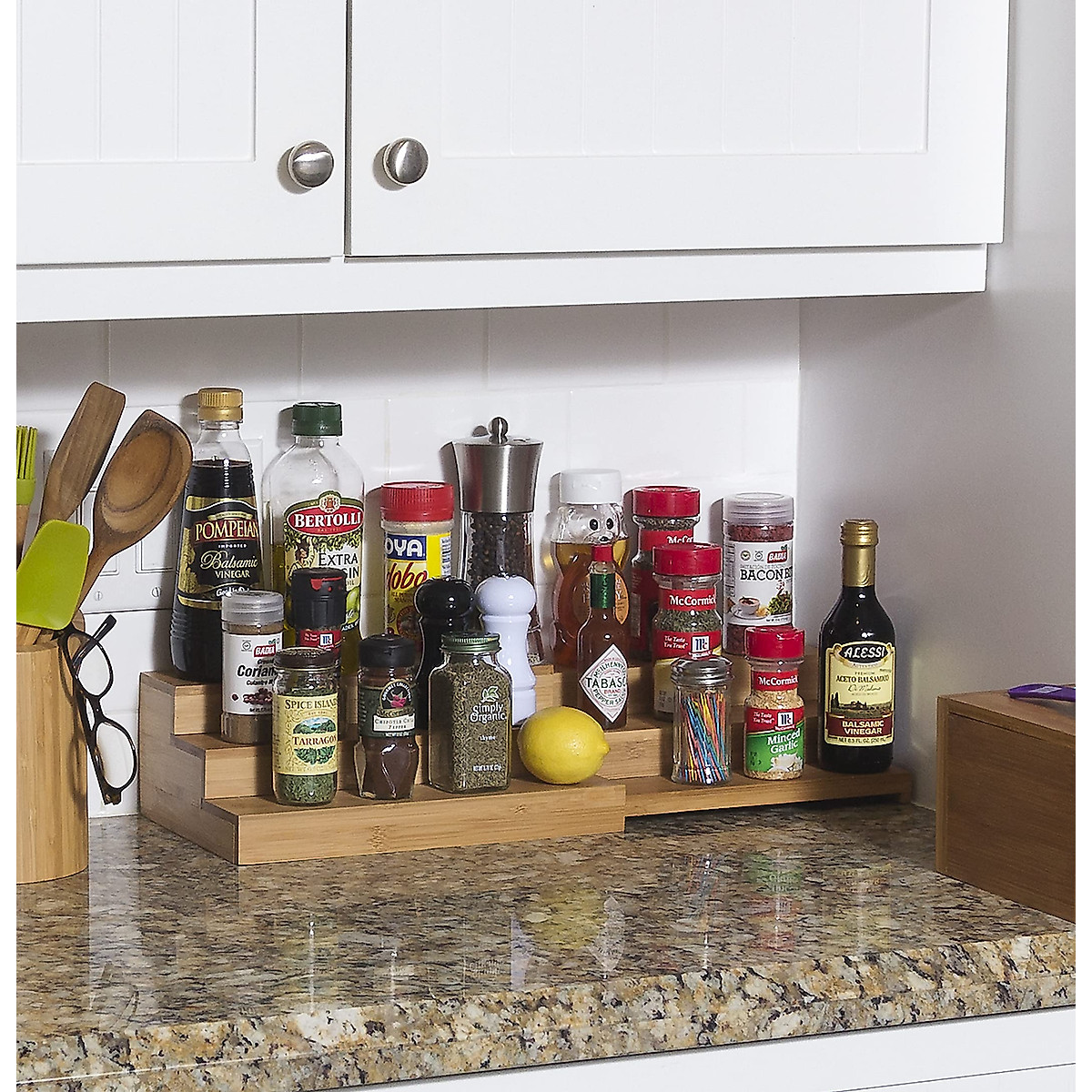 Lipper International 8807 Bamboo Wood Expandable 3-Tier Step Shelf Kitchen Organizer, 12" x 7-7/8" x 4-1/4"