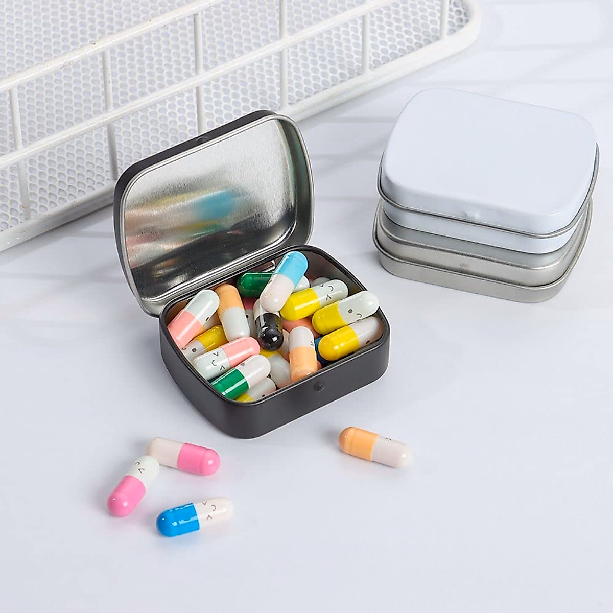 AKOAK 3 Pcs 2.4 x 1.7 x 0.6 Inches Rectangular Empty Hinged Tins Box Containers for First Aid Kit,Survival Kits,Storage,Herbs,Pills,Crafts and More (Silver)