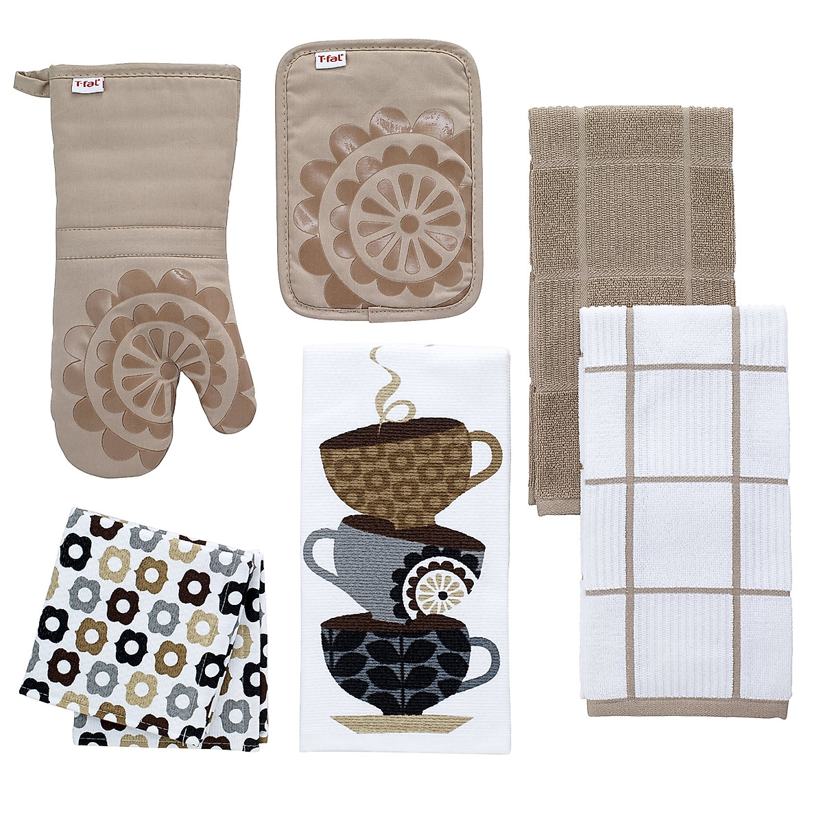 T-fal Textiles Highly Absorbent 100% Cotton Double Sided Printed Dish Cloths, 12" x 12", Set of 2, Neutral Bulb Pattern