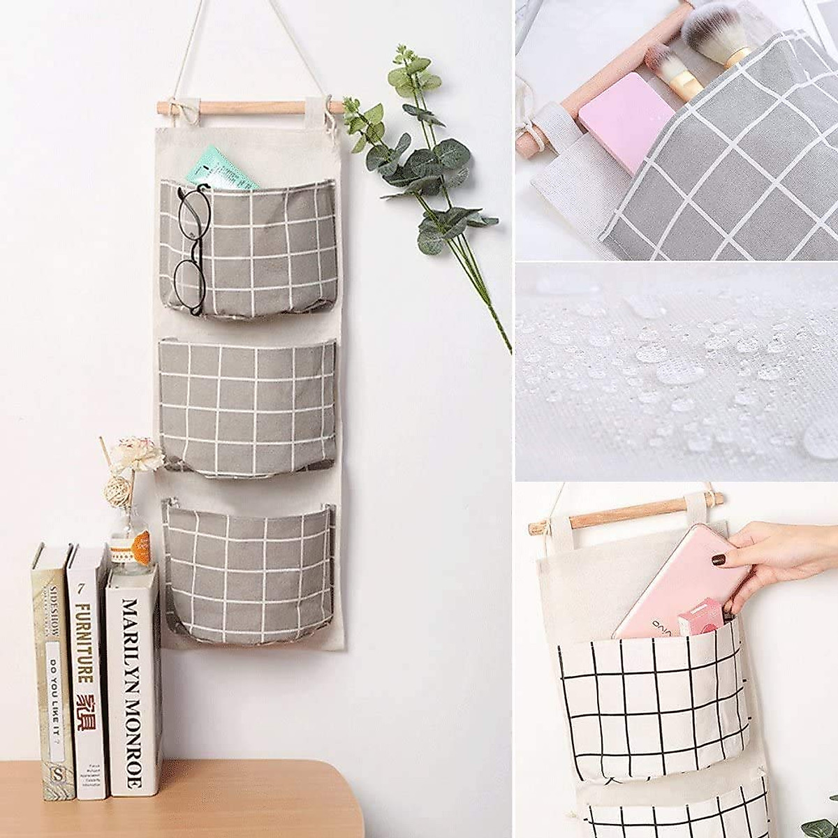 2 Packs Linen Cotton Fabric Wall Door Closet Hanging Storage Bag 3 Pockets Over The Door Organizer for Room Bathroom