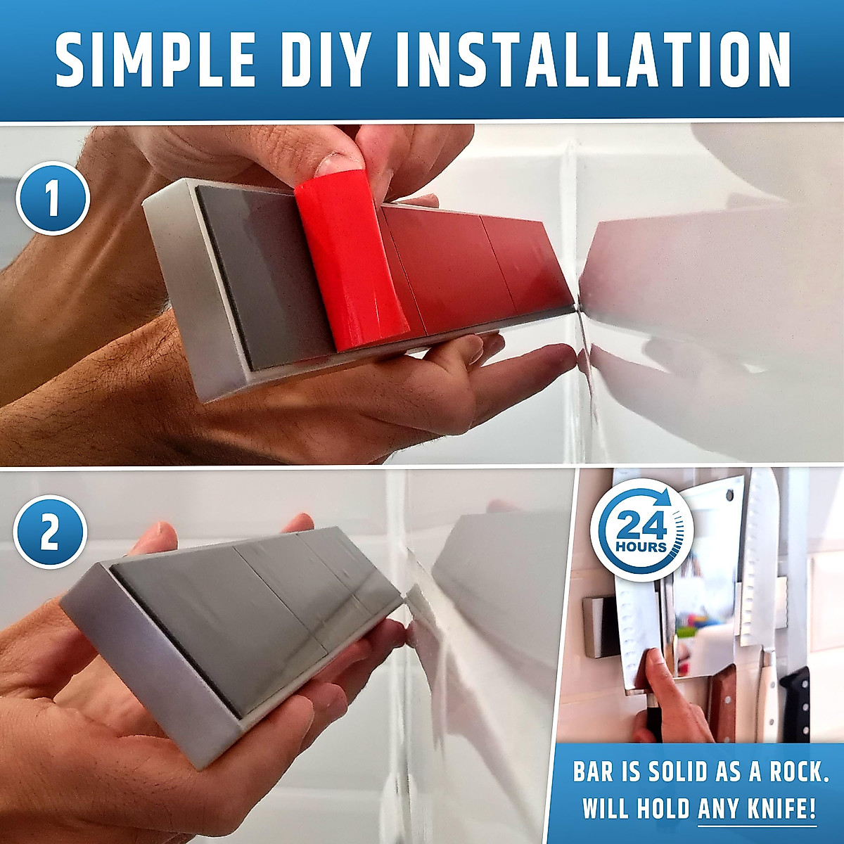 Strong Adhesive (No Drill) Magnetic Knife Holder for Wall - Professional 10 Inch Knife Strip - No Screws Needed - Adhesive Backing - Stainless Steel Knife Bar (Upgraded Version – Will Not Fall)