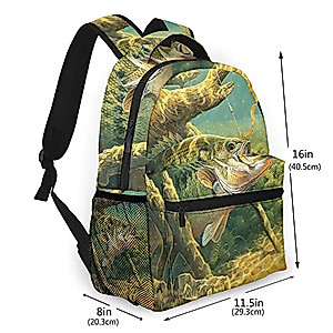 Aao-S745 Bass Fish Fishing Backpacks For School Laptop Bookbag Student College Casual Travel Hiking Daypack Girls Kids Schoolbag Black One Size