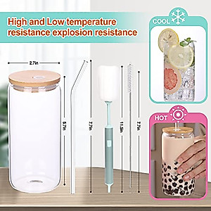 Glass Cups with Bamboo Lids and Straws 4pcs Set,16oz Wide Mouth Drinking Mason Glass Tumbler,Reusable Beer Cans Glasses,Iced Coffee Glass, Juice Boba Cup, Pearl Glass,Milk Cup -wih 2 Brushes