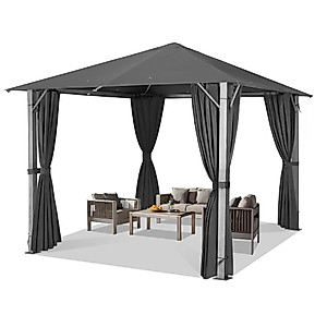 Raysfung 10' x 10' Gazebo Aluminum Frame Outdoor Gazebo with Curtain Canopy Shelter with Sidewalls, Vented Roof for Garden, Patio, Backyard (Grey)