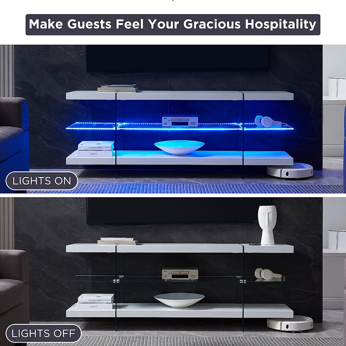 T4TREAM Modern TV Stand for 75 Inch TV, Tempered Glass and Wood Entertainment Center with RGB LED Lights, Media Console Table with Open Storage Shelves for Living Room, Solid White