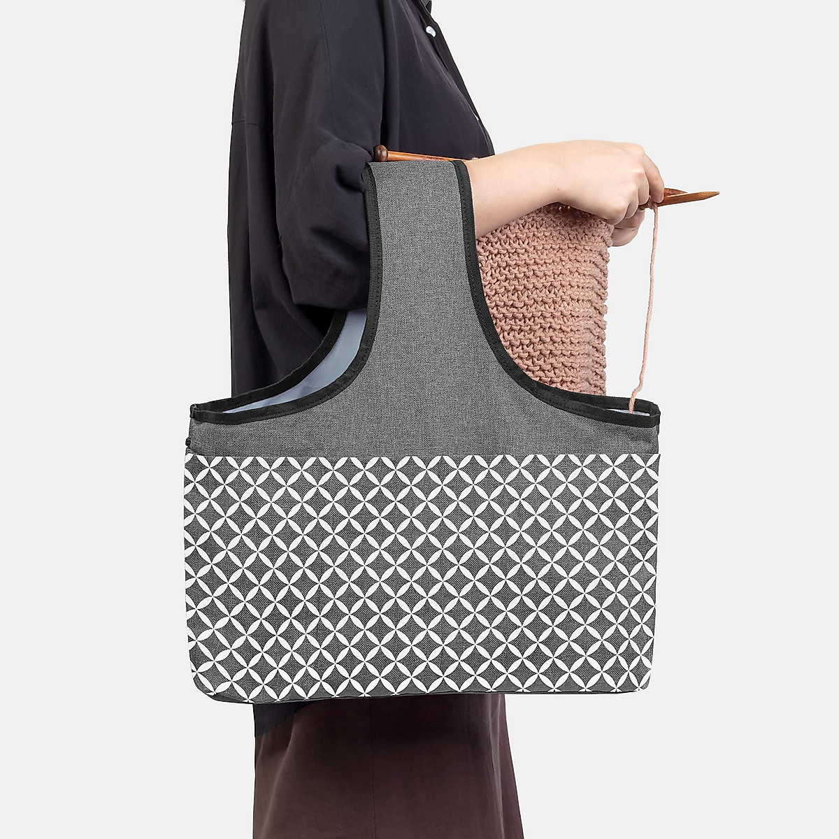 YARWO Yarn Storage Tote, Knitting Project Wrist Bag for Yarn Skeins, Knitting Needles, WIP Projects and Other Knitting Supplies, Gray with Grid (Bag Only)