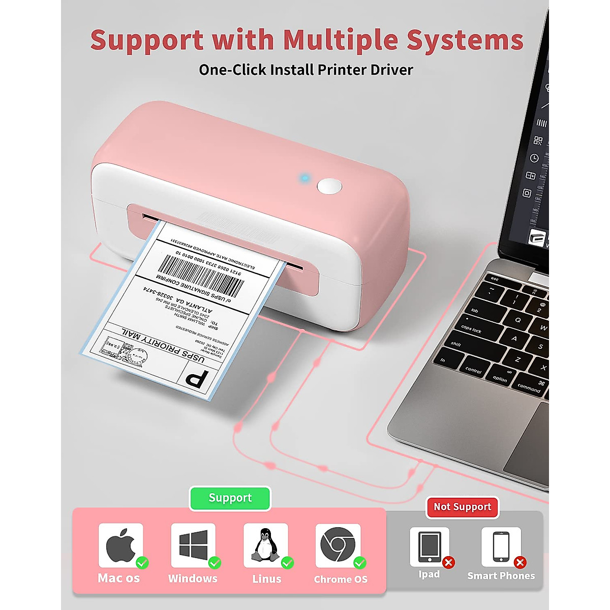 Phomemo Pink Label Printer with Thermal Shipping Pink Label - 4" x 6", 500 Sheets
