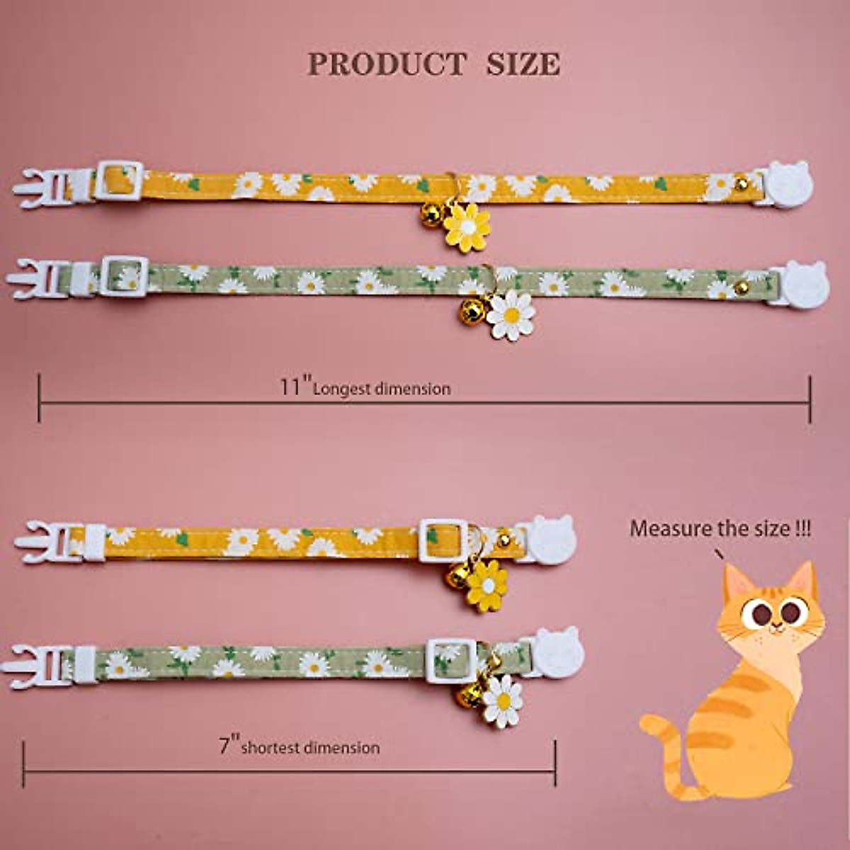 2 Pack Cotton Breakaway Cat Collars with Bell Flower Pendant Kitty Kitten Collars Yellow Green Collar for Female Girl Cats Male Boy Cats