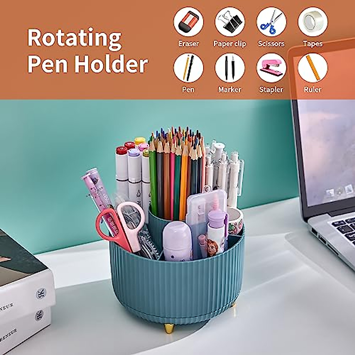 Marbrasse Desk Organizer, 360-Degree Rotating Pen Holder for Desk, Desk Organizers and Accessories with 5 Compartments Pencil Organizer, Art Supply Storage Box Caddy for Office, Home （Dark Green）