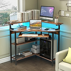 Auromie Corner Desk with Charging Station & LED Light, Triangle Corner Desk with Monitor Stand & Keyboard Tray for Small Space, Gaming Computer Desk with Storage Shelves for Home Office (Rustic)