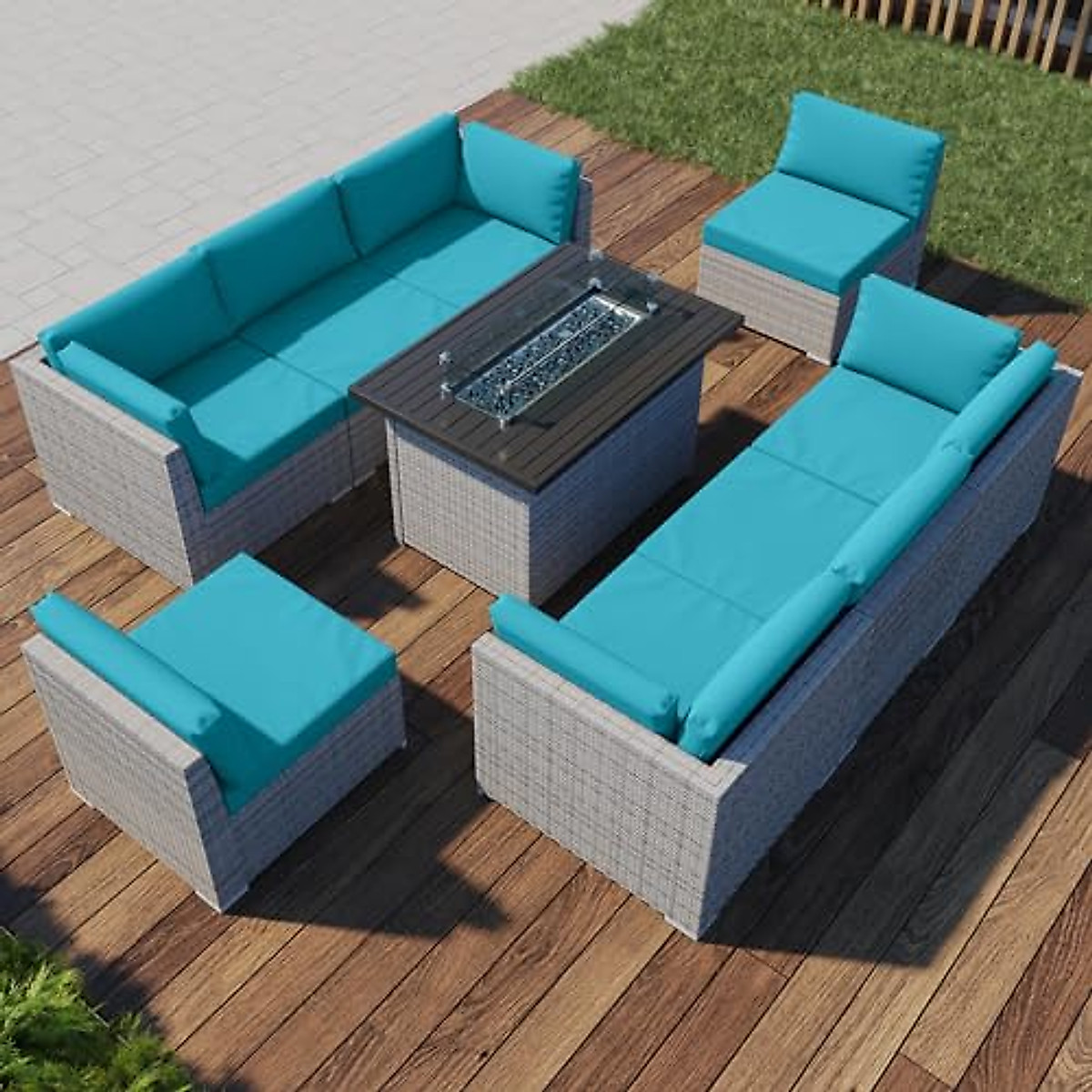 EAGLE PEAK 9 Piece Outdoor Wicker Patio Furniture Set with Fire Table, PE Rattan Sectional Conversation Sofa Set with Seating for 8 People, Light Blue