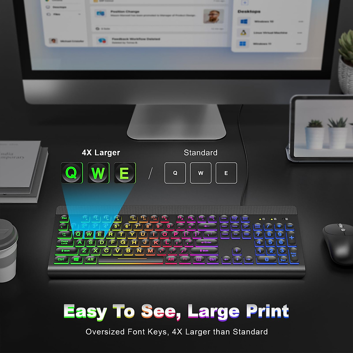 Meidosa Backlit Keyboard Wired Large Print, Computer Keyboard with Rainbow Illuminated LED, USB Keyboard with Numeric Keypad and Media Hotkey for Windows PC Laptop