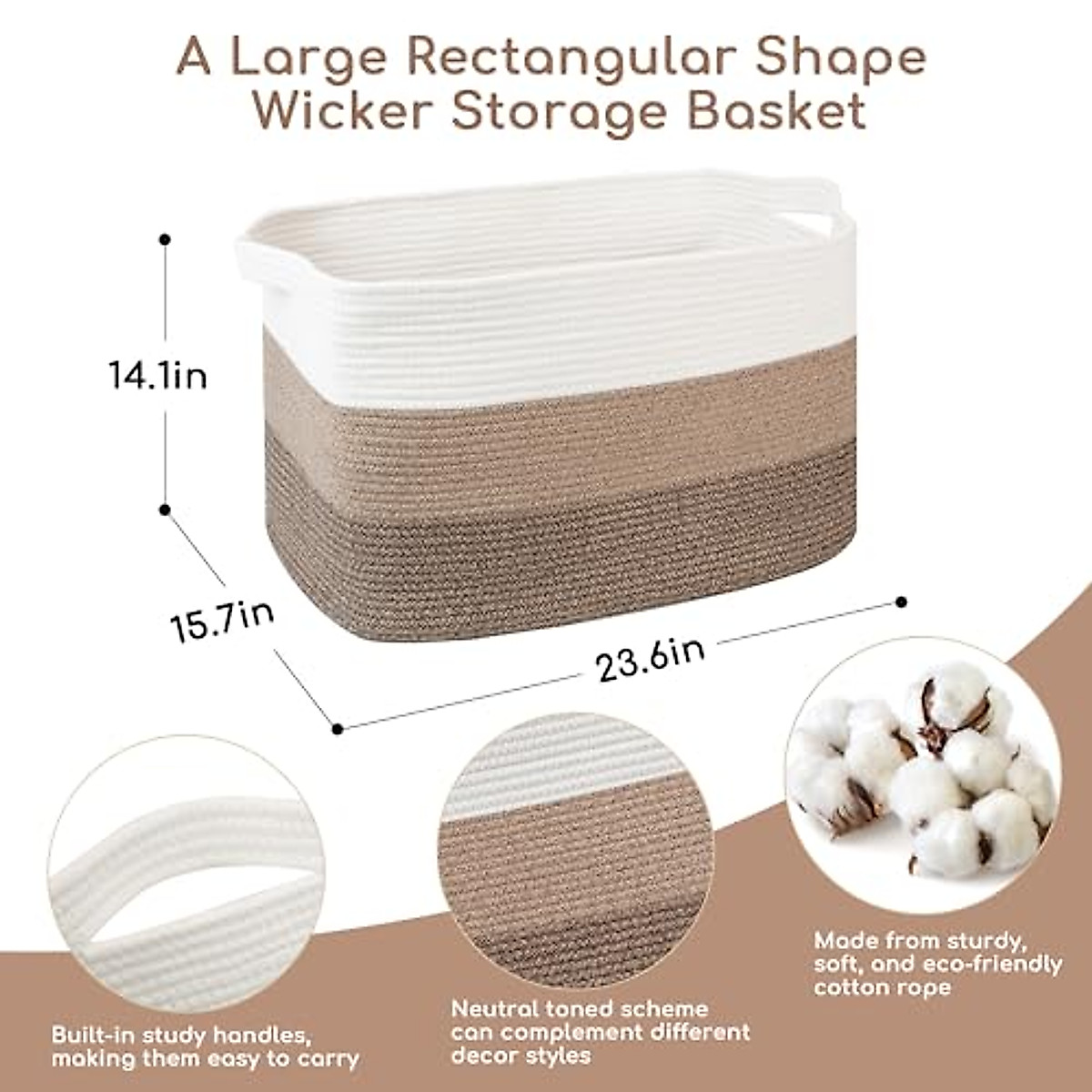 MEGASKET Extra Large Blanket Storage Basket, 23.6" x 15.7" x 14.1" Rectangle Woven Cotton Rope Basket, Blanket Basket Holder for Living Room, Wicker Storage Basket for Pillows, Blankets Organizer Bins