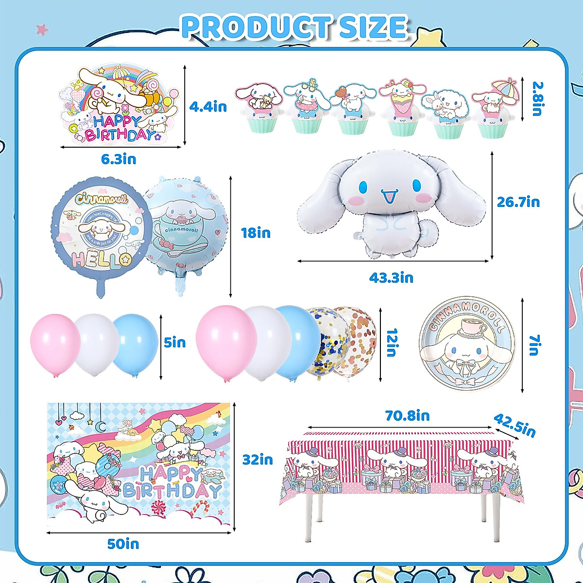 202PCS Cute Birthday Party Supplies, Kawaii Birthday Party Decorations include Banner, Latex Balloons, Backdrop, Cake Topper, Tableware, Plates, Napkins, Temporary Tattoos for Kids Birthday