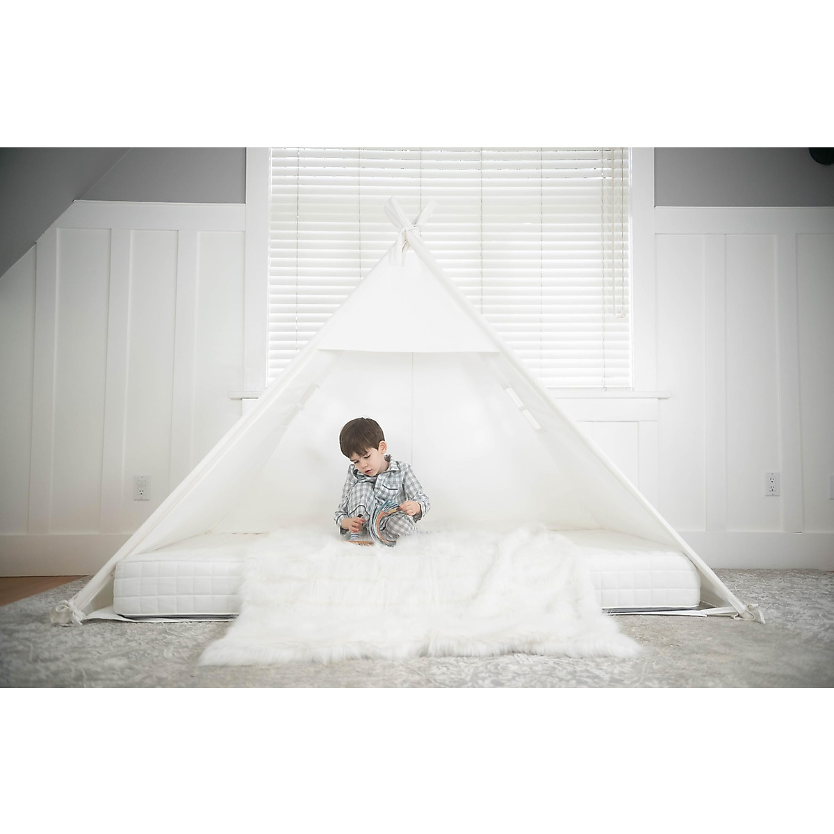 Domestic Objects | Play Tent Bed Canopy | Teepee for Mattress | 100% Cotton Canvas | Premium Quality (Twin/Single No Door) (White)