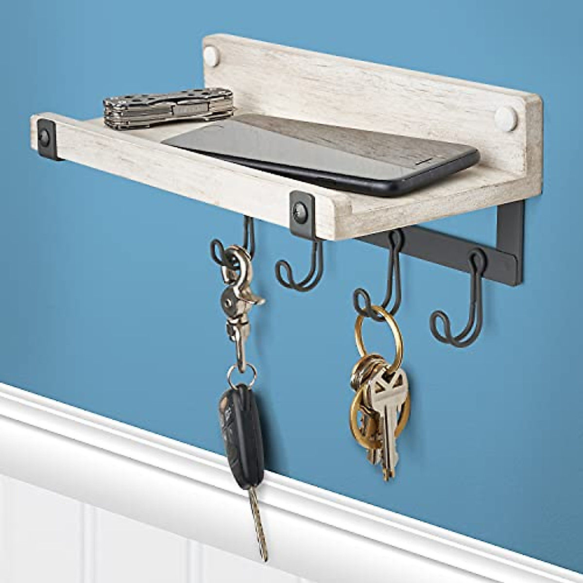 Spectrum Diversified Rowan Wall Mount Wood Valet & Hook Station for Entryway Storage and Organization, White Wash/Industrial Gray