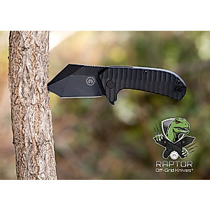 Off-Grid Knives - Raptor EDC Folding Knife with Tumbled Black D2 Steel, Grippy G10, Bearings, Deep Carry Left & Right, Hawkbill Tip, Stout Everyday Carry