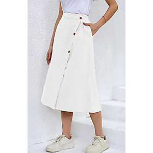 CHARTOU Women's Summer Linen Elastic Back Buttoned Swing Midi A Line Skirt (Large,White)
