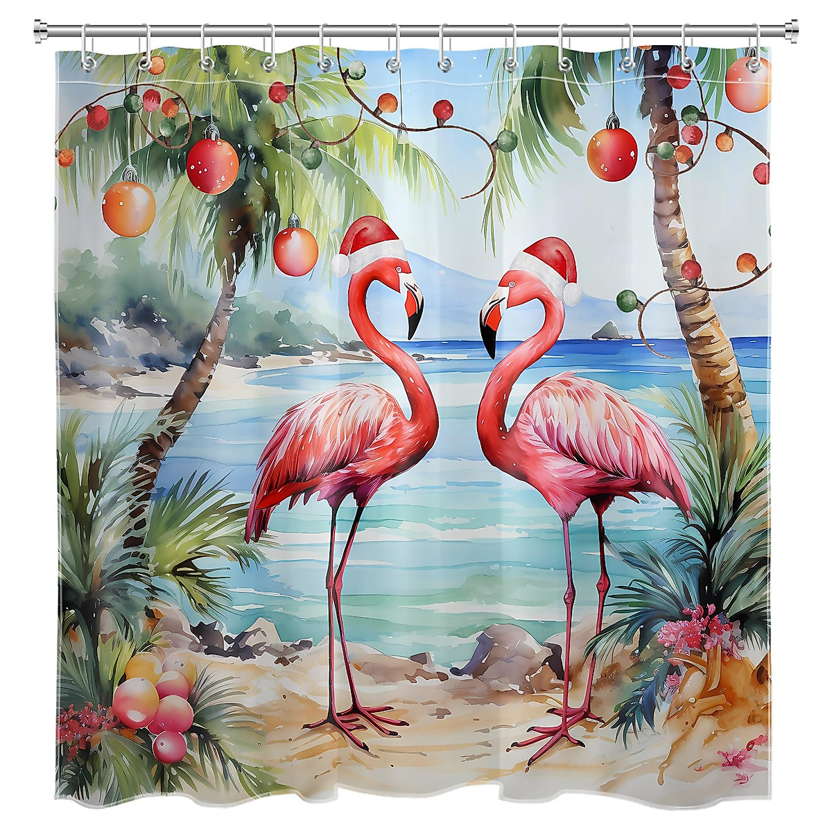 LB Christmas Flamingo Shower Curtain Pink Flamingo with Palm Tree and Christmas Balls Bathroom Shower Curtain Xmas Beach Theme Bathroom Decor with Hooks 72Lx72W Inch Polyester Bath Curtain