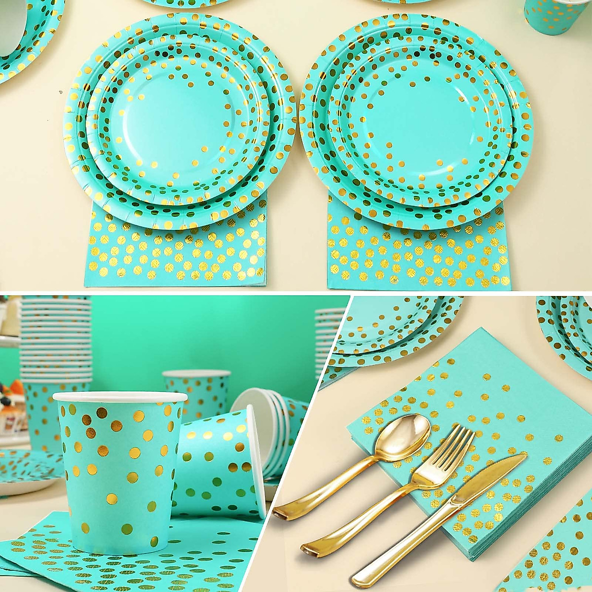 Gudvilla 168PCS Teal Party Plates and Cups and Napkins sets,Teal Paper Plates Bulk with Gold Cutlery Serve 24 Guests,Teal Party Supplies Bridal Shower Birthday for Teal and Gold Wedding Decorations