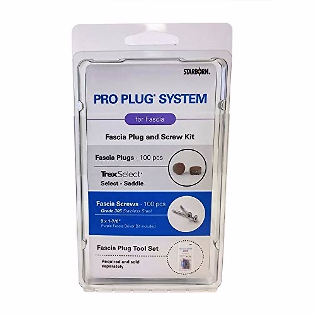 Pro Plug System for Fascia Plug and Screw Kit - Trex Select Saddle Fascia Plugs and Stainless Steel Screws- 9 x 1-7/8 T-20 Star Dr- 100 Pieces