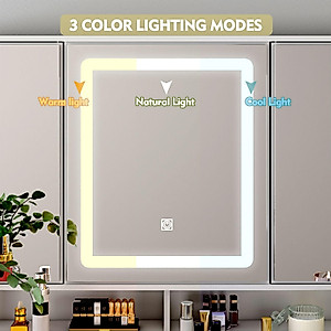 MOUMON Large Vanity Desk with Open Mirror and Lights, Makeup Desk with Drawers and Shelves, Rose-Shaped Crystal Handles, Cushion Stool not Included, White (43.3”W x 18.1”D x 54.1”H)