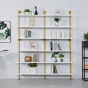 Industrial 6-Tiers Modern Ladder Shelf Bookcase,Solid Wood Storage Shelf,Display Shelving, Wall Mounted Wood Shelves, Pipe Wood Shelves Bookshelf Vintage Wrought Iron Finish (White)