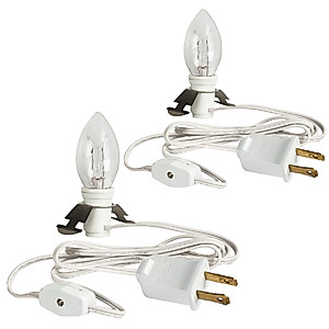 Dazzle Bright 2 Pack 6 FT Accessory Cord with Incandescent Light Bulb E12 Socket White Cord with On/Off Switch Plug, C7 Candelabra Light Bulbs for Holiday Decorations, Christmas Village House