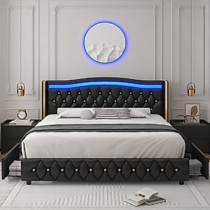 HIFIT Queen Smart LED Platform Bed Frame with 4 Storage Drawers, Crystal Button-Tufted & Stainless Gold Trim Wingback Headboard/Modern PU Upholstered Black Bed Frame/No Box Spring Needed/Easy Assembly