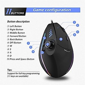 ZLOT Vertical Gaming Mouse,Wired RGB Ergonomic USB Joystick Programmable Laser Gaming Mice,6+1 Design,11 Buttons,1000 Hz Max Polling Rate,10000 Max DPI,Upgraded Version for Computer Gamers,Black