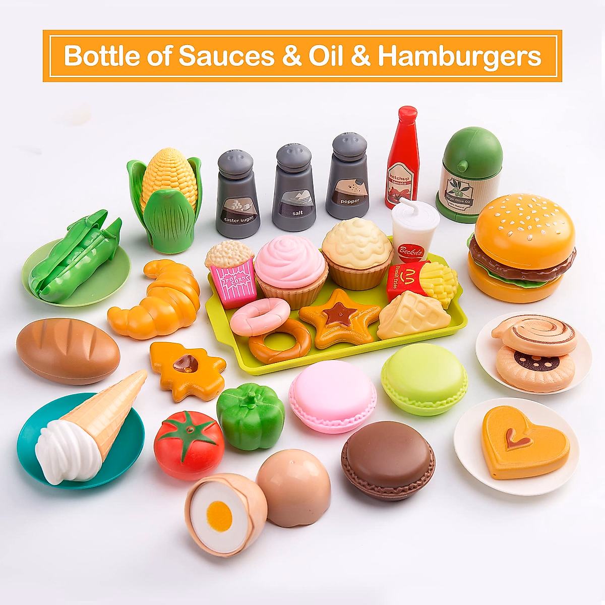 Funpynani 130Pcs Kitchen Playset, Toddler Pretend Cooking Play Pots, Pans, Utensils Cookware, Daily Food Fruit Veges, Shopping Storage Basket, Dessert, Prop Money, Learning Gift for Child （White）