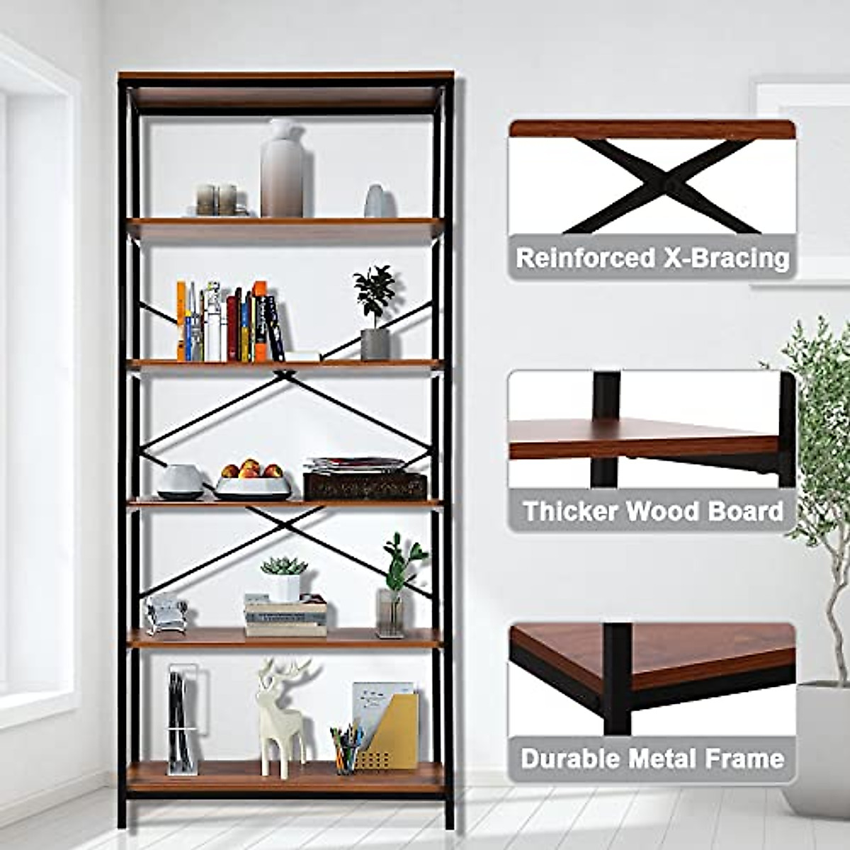 Devo Bookshelf, Industrial Book Shelf Large Storage Shelves, Display Shelf Tall Bookcase Metal Bookshelves, 6 Tier Bookcases Wood Heavy Duty Shelving Unit for Bedroom,Office and Living Room, Vintage