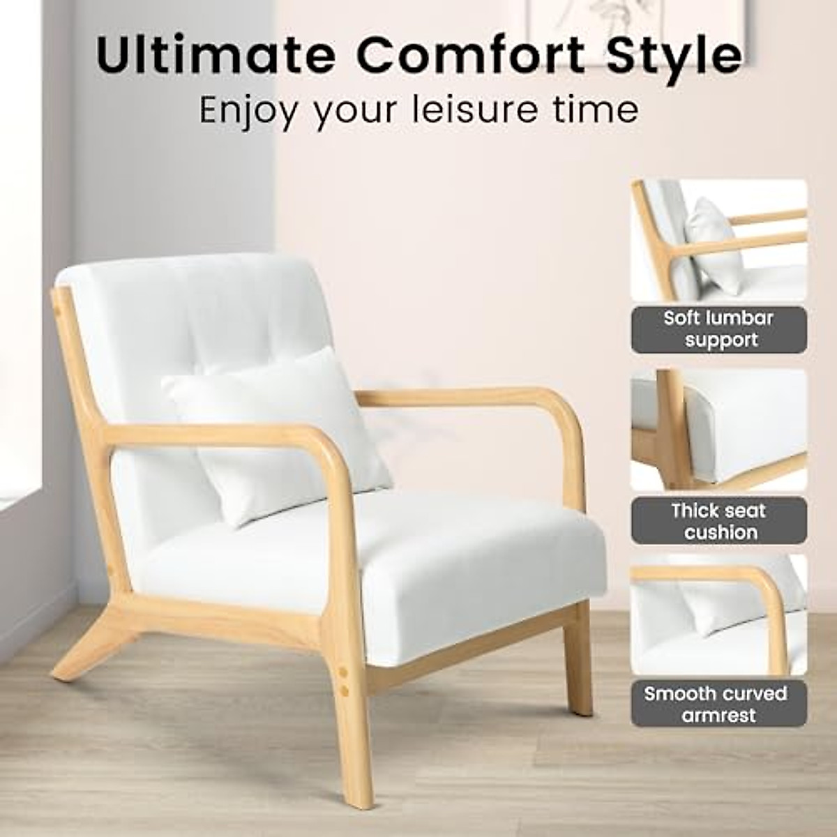 Unovivy Mid-Century Modern Accent, Upholstered Lounge Armchair with Wood Frame Thick Padded Backrest & Seat Cushion, Single Sofa Chair for Living, Bedroom, Reading Room, ‎30" Depth, Beige