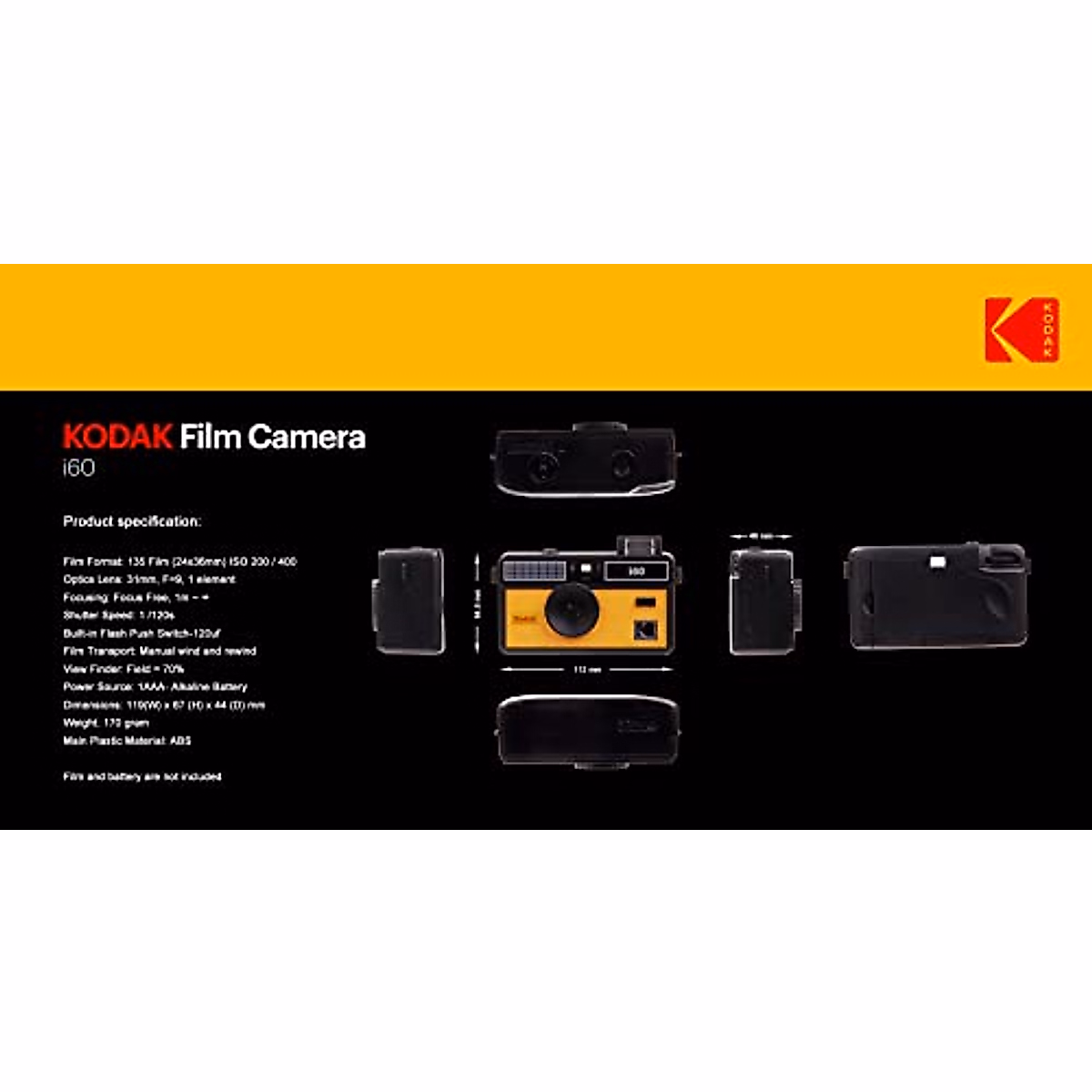 Kodak i60 Reusable 35mm Film Camera - Retro Style, Focus Free, Built in Flash, Press and Pop-up Flash (Yellow)