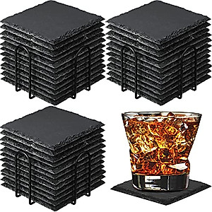 24 Pieces Black Slate Coasters with Holder Square Stone Coasters for Drinks 4 x 4 Inch Rustic Handmade Bar Coasters Set with Anti Scratch Bottom for Coffee Table Kitchen Home