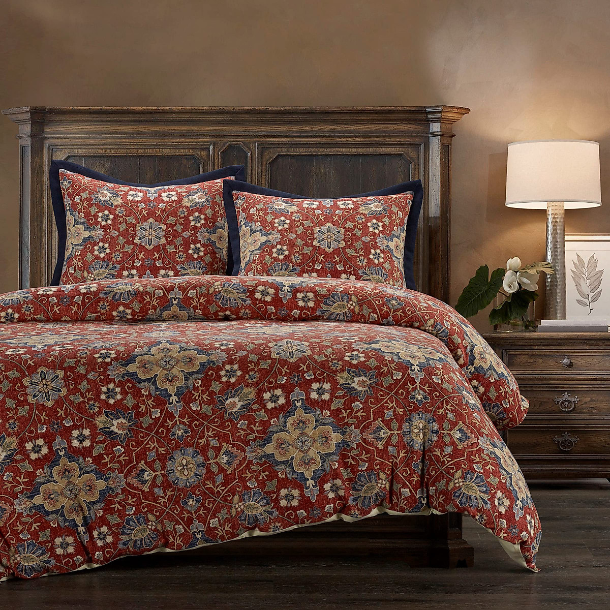 HiEnd Accents Washed Linen Melinda 3 Piece Floral Duvet Cover Set, King Size, Red Navy Blue Medallion Bedding, Classic Western Modern Rustic Lodge Style, Flower Linen Comforter Cover with Pillow Shams