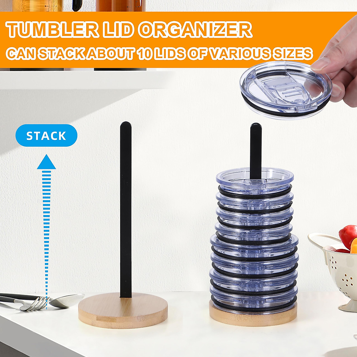 ZUJJAFY Bamboo Tumbler Lid Organizer - Vertical Storage for Up to 10 Cup Lids, Clutter-Free Kitchen Cabinets and Countertops Organization