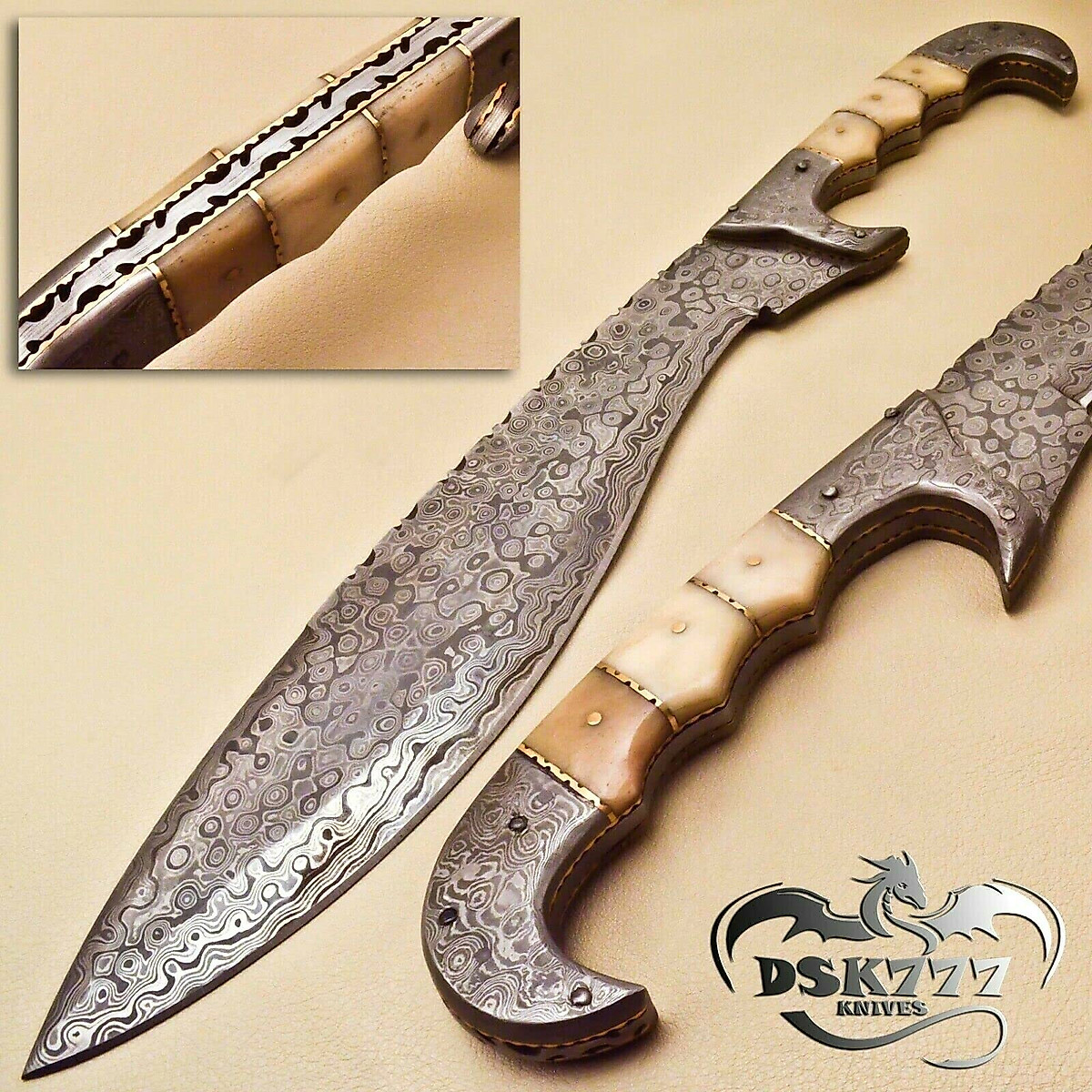 NoonKnives: 18 "Hand Made Damascus Steel Collectible kopis/sword/Bowie/Knife Handle Brass spacer (bone)