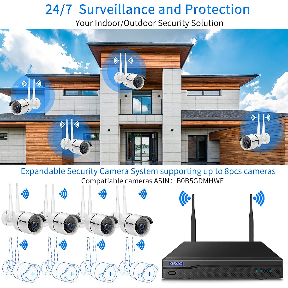 [2-Antenna Signal Enhance & 100 ft Super Night Vision] Outdoor Wireless Security Camera System, WiFi Surveillance Video Camera System, 4pcs 3.0MP IP Cameras, 5MP 8-Channel Wireless NVR