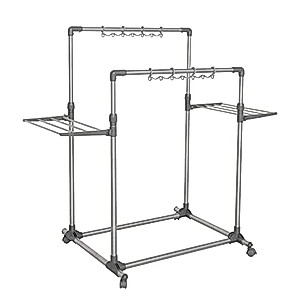 Hershii Rolling Garment Racks for Hanging Clothes Heavy Duty Clothing Drying Rack Double Rails Laundry Hanger Storage Organizer with Foldable Shelves & Windproof Hooks - Height Adjustable
