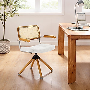 Art Leon Rattan Desk Chair, Mid Century Modern Swivel Accent Chair No Wheels, Fabric Upholstered Office Chair with Wood Legs, Armchair with Rattan Back for Home Office Living Room Bedroom, Off White