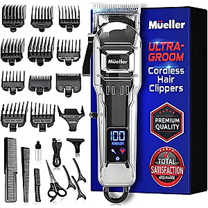 Mueller Hair Clippers Kit Cordless, Dual Voltage Beard Trimmer for Men with Rechargeable Battery & Digital Display, 3h of Running Time
