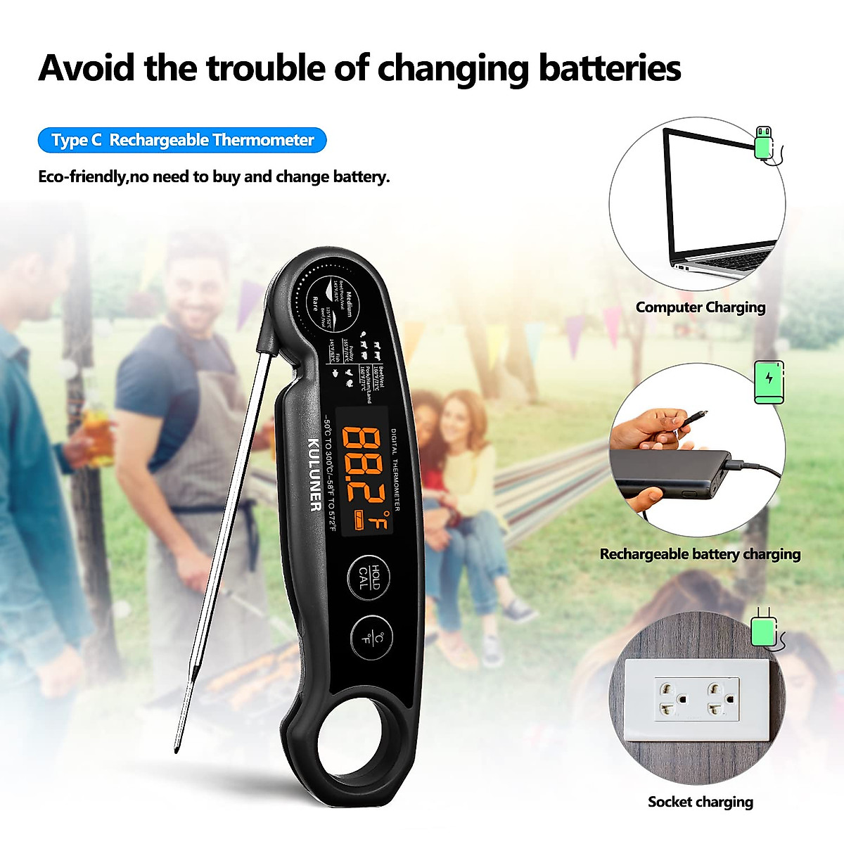 KULUNERs Lightning-Fast 2-Second Meat Thermometer Features a Large Display and Waterproof functionality, Perfect for a Variety of Cooking Methods Including Frying, Smoking, and Grilling (Black)