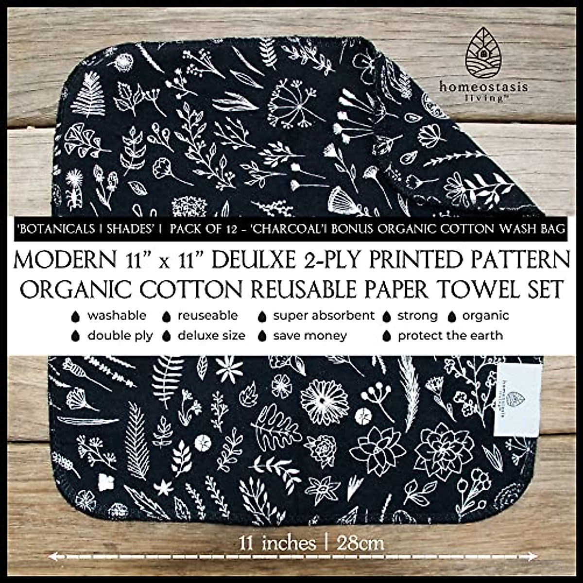 Homeostasis Living REusable Paper Towels with Cotton Wash Bag | Botanical-Charcoal Zero Waste Gift | Eco Friendly Paper Towels, Napkins Cloth Washable Reusable Paper Towel Roll, Paperless Paper Towels